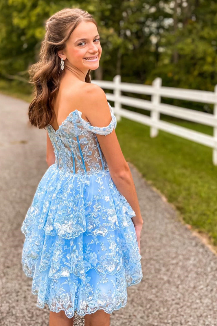 Light Blue Lace Appliques Tiered Short Dress – PollyBoutique
