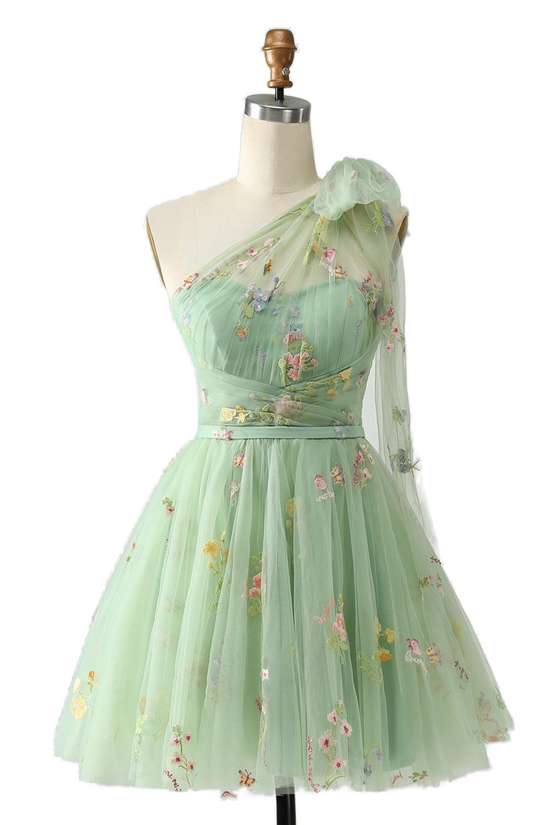 One Shoulder Blue Floral Short Princess Dress – PollyBoutique