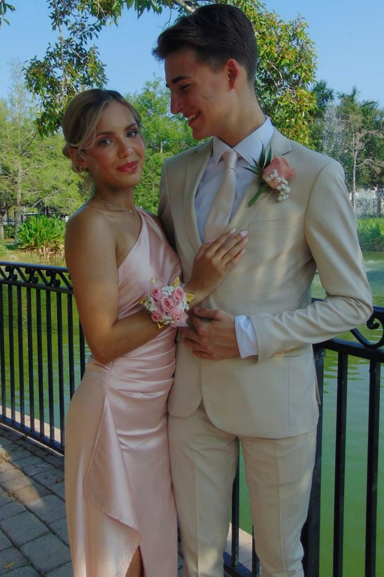 One Shoulder Blush Pink Ruched Long Dress with Slit – PollyBoutique