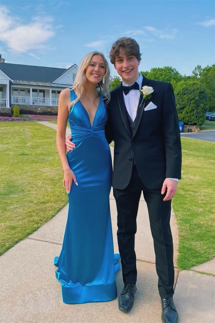 Plunge Neck Teal Twist Mermaid Long Dress – PollyBoutique