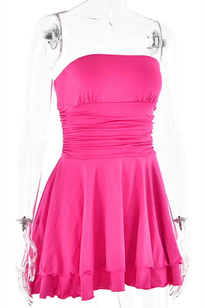 Strapless Hot Pink Ruffle Ruched Short Dress – PollyBoutique