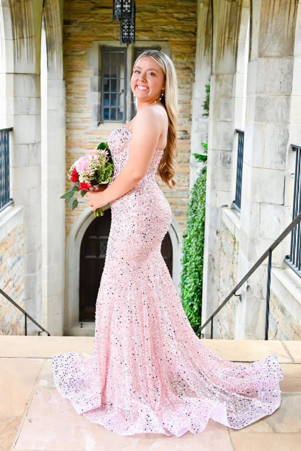 Straps Light Blue Sequin Long Dress with Beaded – PollyBoutique