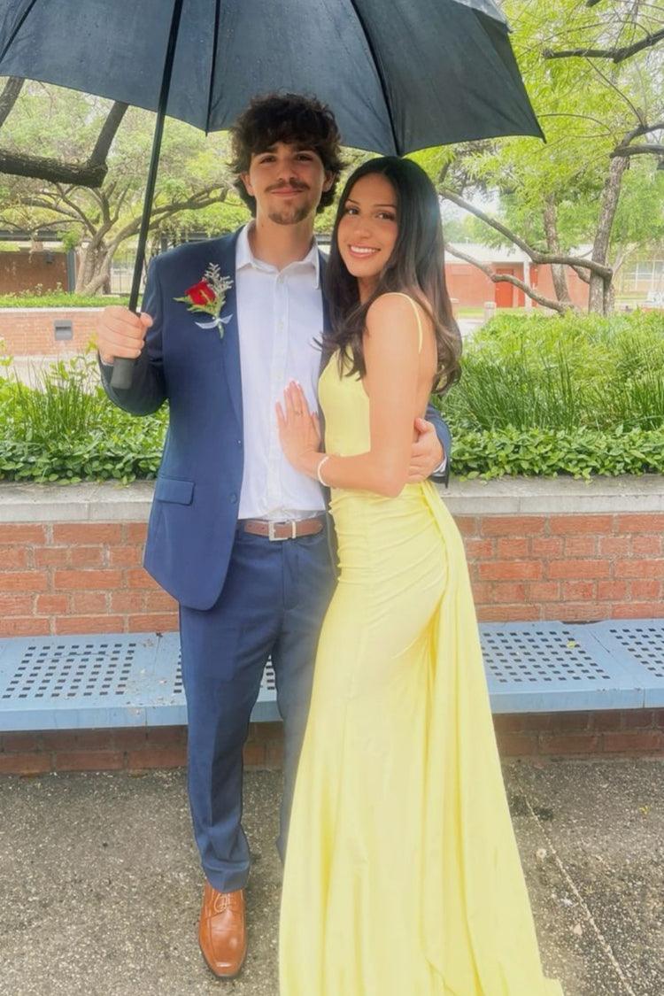 Straps Yellow Open Back Ruched Long Dress – PollyBoutique