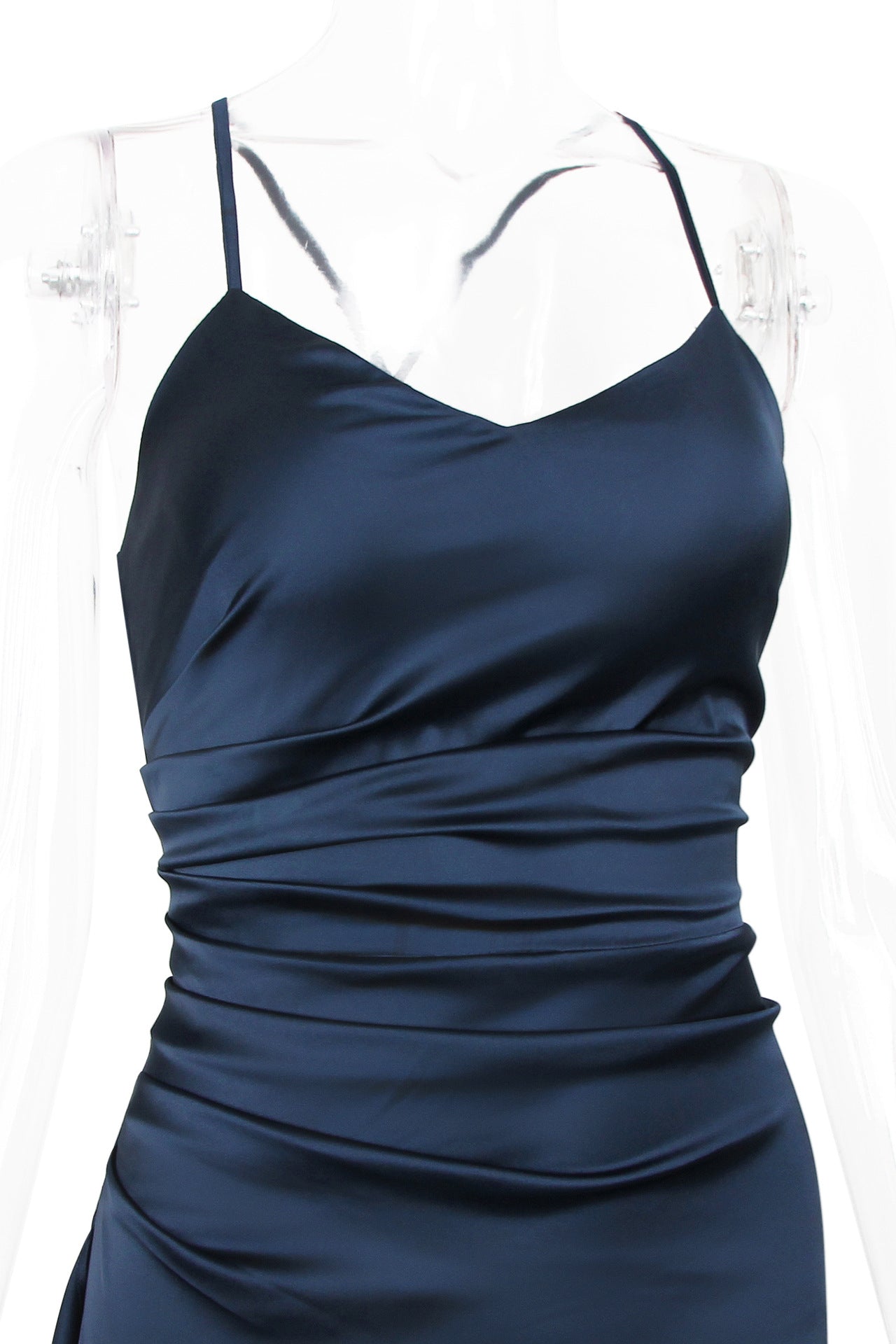 V-neck Navy Blue Ruched Long Dress with Slit – PollyBoutique