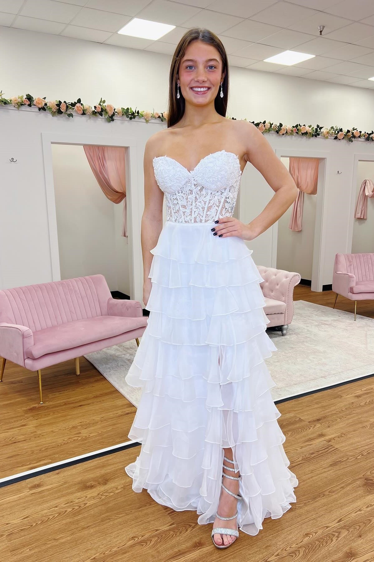 Sweetheart Lace and Chiffon Ruffle Long Prom Dress – PollyBoutique