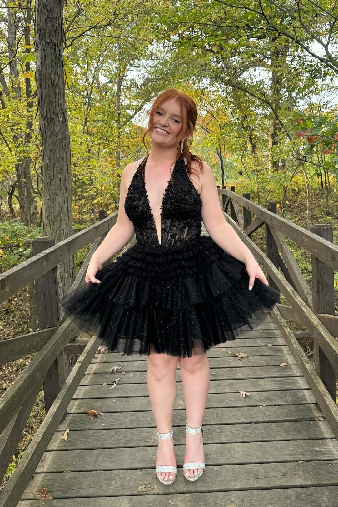 Halter Blue Appliques Ruffle A-line Short Dress – PollyBoutique